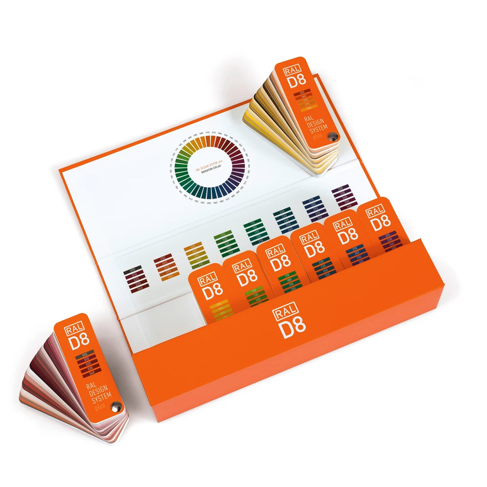 RAL D8 design box with 8 color charts — grafipress